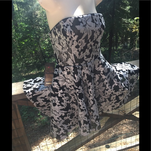 Dresses | Bebe Strapless Bustier Embroidered On Mesh Mini Prom ...